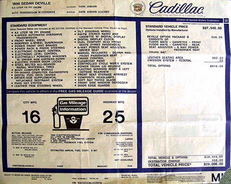 Does Anyone Know Where I Can Get a 1990 Cadillac DeVille Window Sticker ...